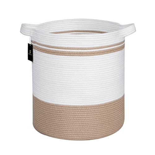Hiromi Cotton Rope Basket - Decorative White Storage Bins for Room Organization - Firm Woven Hamper for Laundry - Toys, Towel, Cushion, Throw Pillow, Blanket Holder with Durable Handles - 16in x 18in Brown
