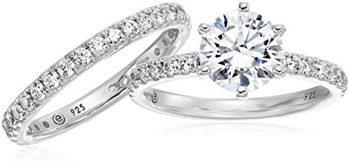 Amazon Essentials Platinum-Plated Sterling Silver Round Ring Set made with Infinite Elements Cubic Zirconia (1 Carat Center Stone), Size 8 (previously Amazon Collection)