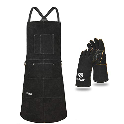 LeaSeek Leather Welding Apron,Heat & Flame-Resistant Heavy Duty Work Apron with 6 Pockets,Woodworking Shop Apron (Black-42)