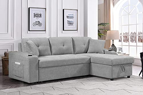 GAOPAN Modern Linen Sectional Sleeper Sofa Bed Convertible L-Shape Couch with Storage Chaise Lounge,Side Pockets,Cup Holders,2 Pillows for Living Room Apartment Furniture, Light Gray