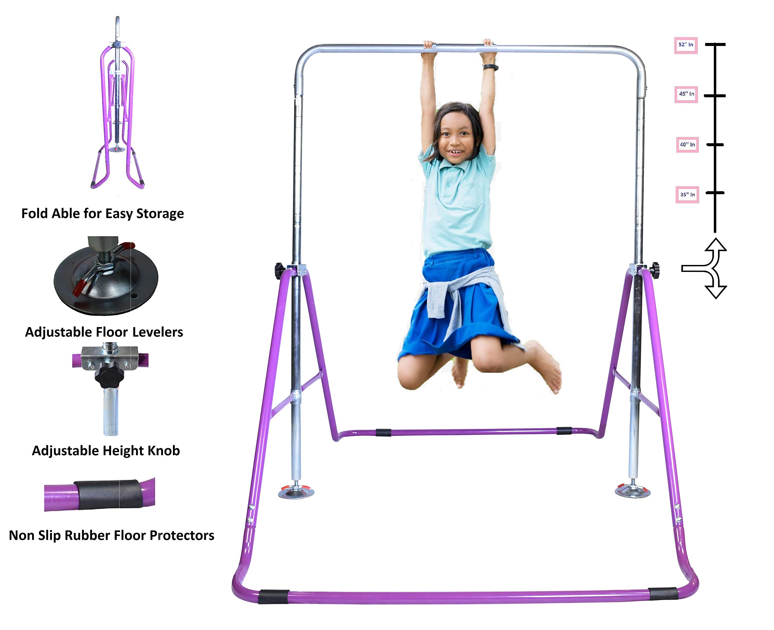 Athletic Bar Expandable Gymnastics Bar Horizontal Kip Bar Junior Training Adjustable Height Jungle Gym Children Folding Monkey Bars Climbing Tower Playground Balance Bar Gymnasts Purple