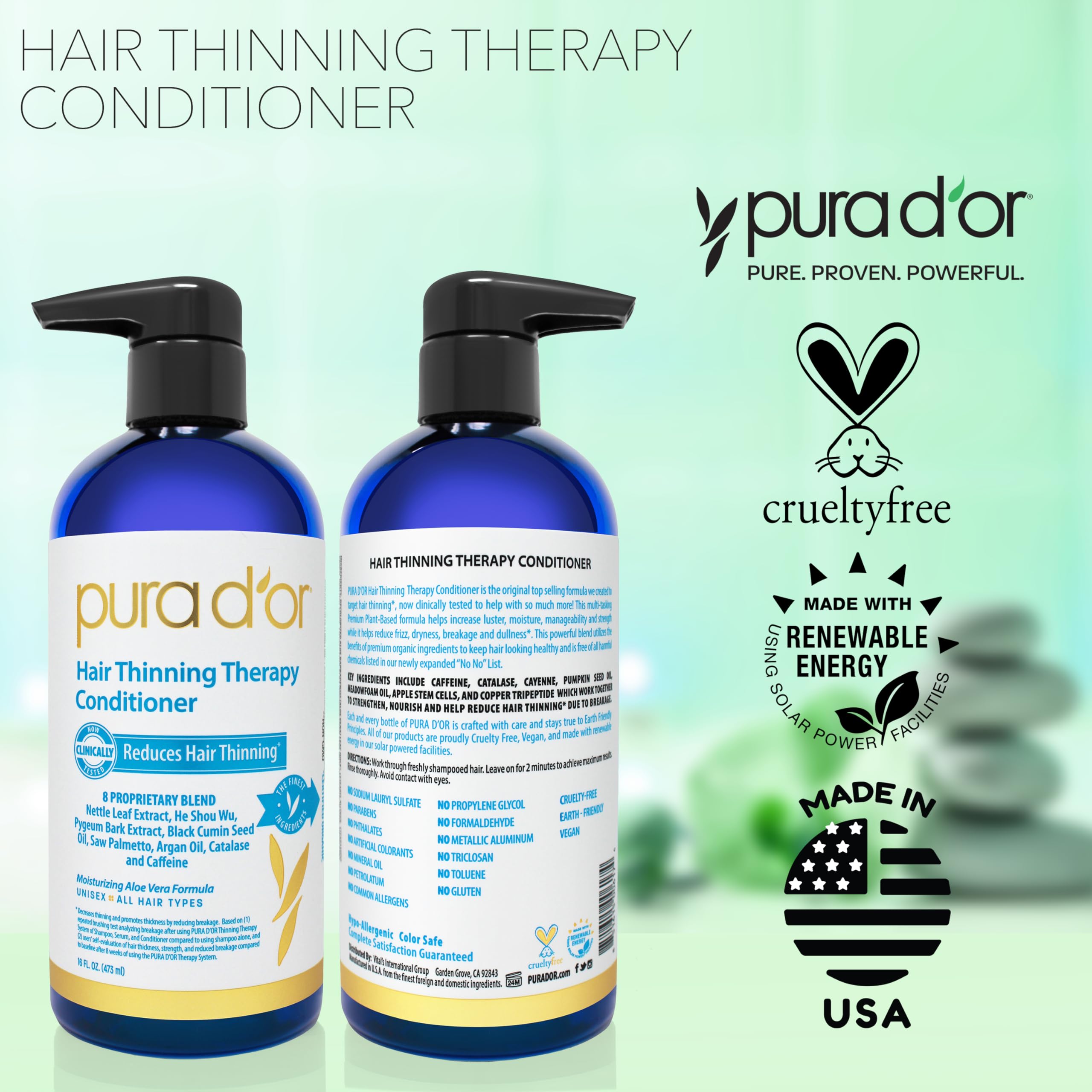 PURA D'OR 16 Oz Hair Thinning Therapy Biotin Conditioner, CLINICALLY TESTED Effective Results, Low Lather Deep Moisturizing Herbal DHT Blocker Hair Thickening Products For Women & Men, Color Safe