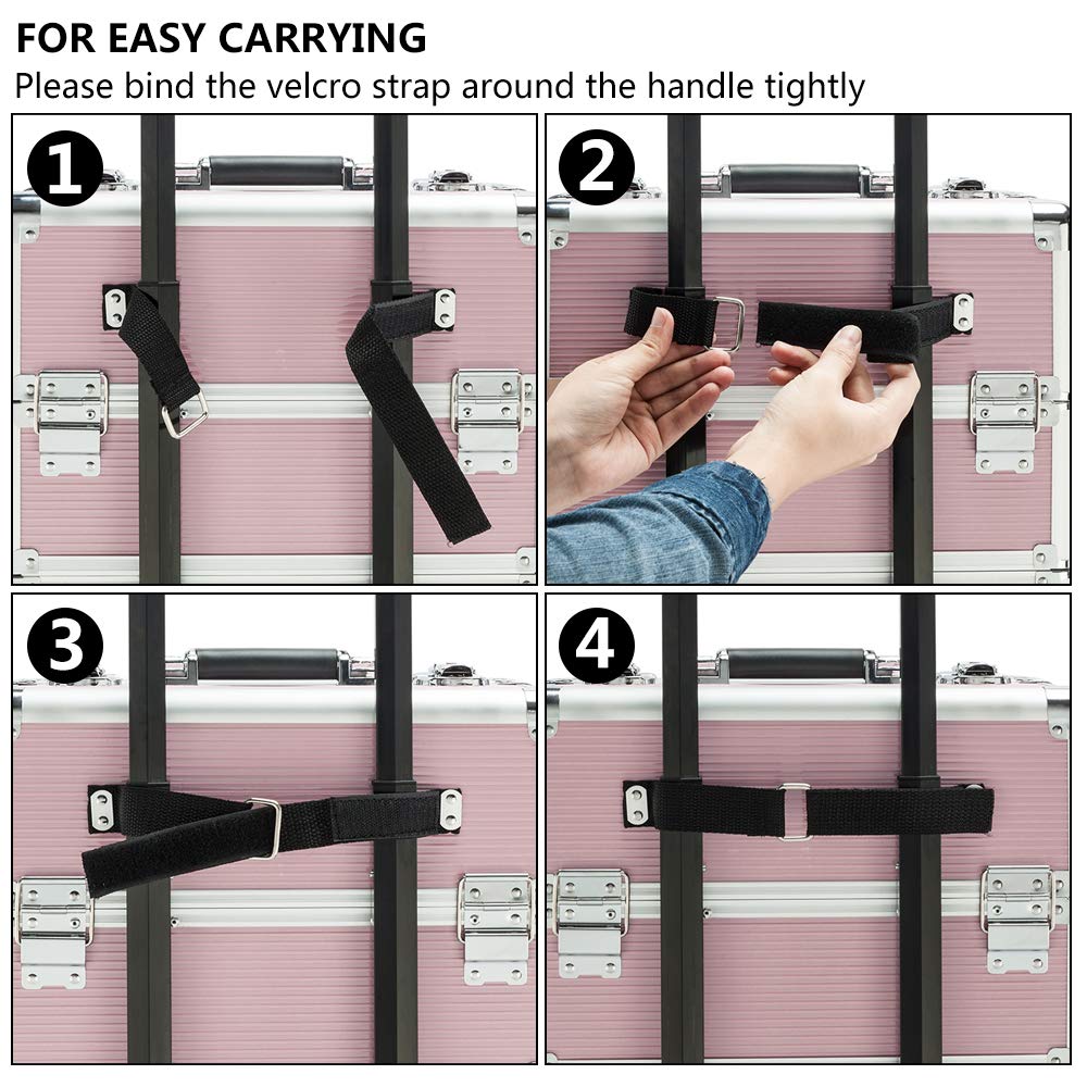 mefeir 4 in 1 Rolling Makeup Train Case, Aluminum Makeup Travel Organizer Cosmetic Case, Cosmetology Display Suitcase on Wheels, Beauty Storage Luggage Lockable w/4 Removable Wheels (Pink)