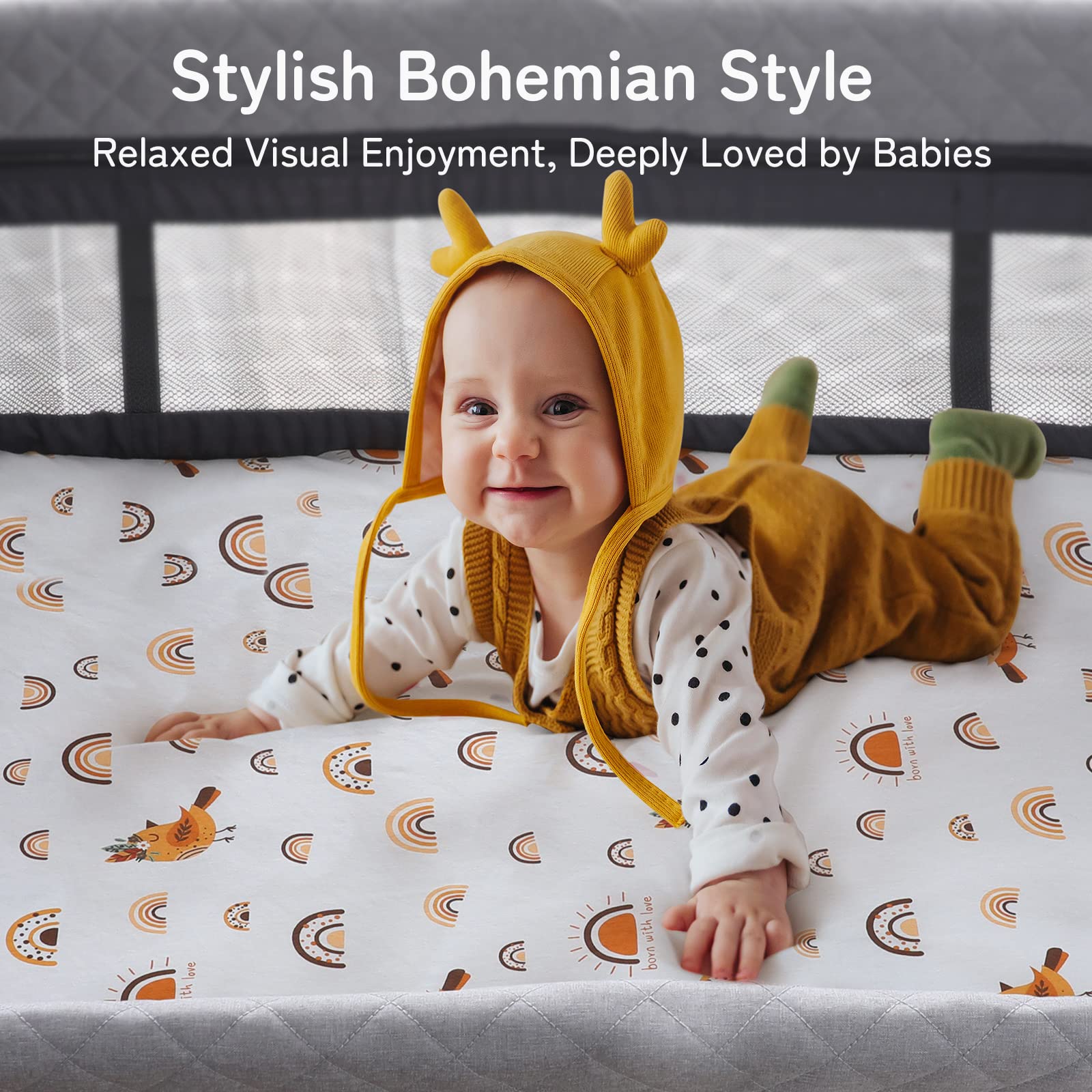 besrey Pack N Play Sheets, Premium Stretch Fitted Portable Mini Cribs Playards Sheets, Ultra Soft Breathable Jersey Knit Cotton Blend, 2 Pack with Storage Bag for Baby Girl& Boy(Boho Rainbow Birds)
