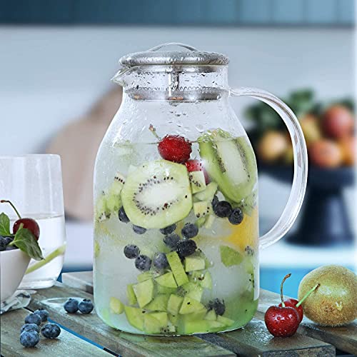 Hiware Glass Pitcher with Lid and Spout - 68 OZ Water Pitcher for Hot/Cold Water & Iced Tea, 18/8 Stainless Steel Lid, High Heat Resistance, 100% Lead-free Clear
