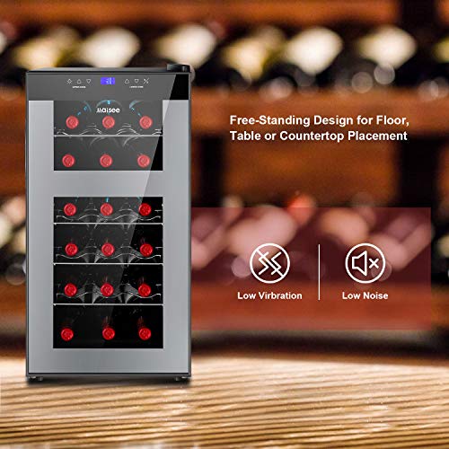 maisee Wine Fridge Dual Zone,18 Bottles Wine Cooler Refrigerator Chiller Upper Zone 46f-54f Lower Zone 54f-65f for Red White Wine Champagne in Home Office Bedroom Countertop (18 Bottles,Black