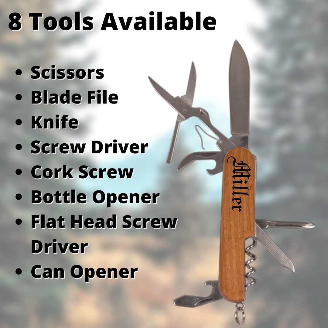 Personalized Wooden Pocket Knife | Customizable Design | Laser Engraved | 8-Function Multi-Tool (Stainless Steel) | Gift for Men, Groomsmen, Birthday, Graduations