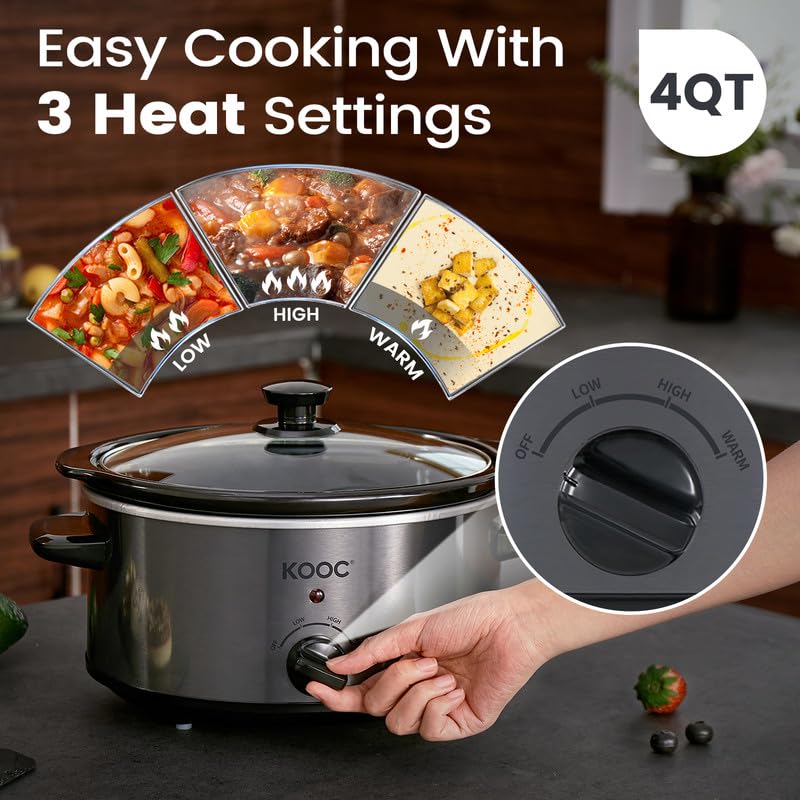 KOOC 4 Quart Slow Cooker, Free Liners Included for Easy Clean-up, 3 Temperature Settings, Dishwasher Safe Crock, Stainless Steel, GREY, Ellipse