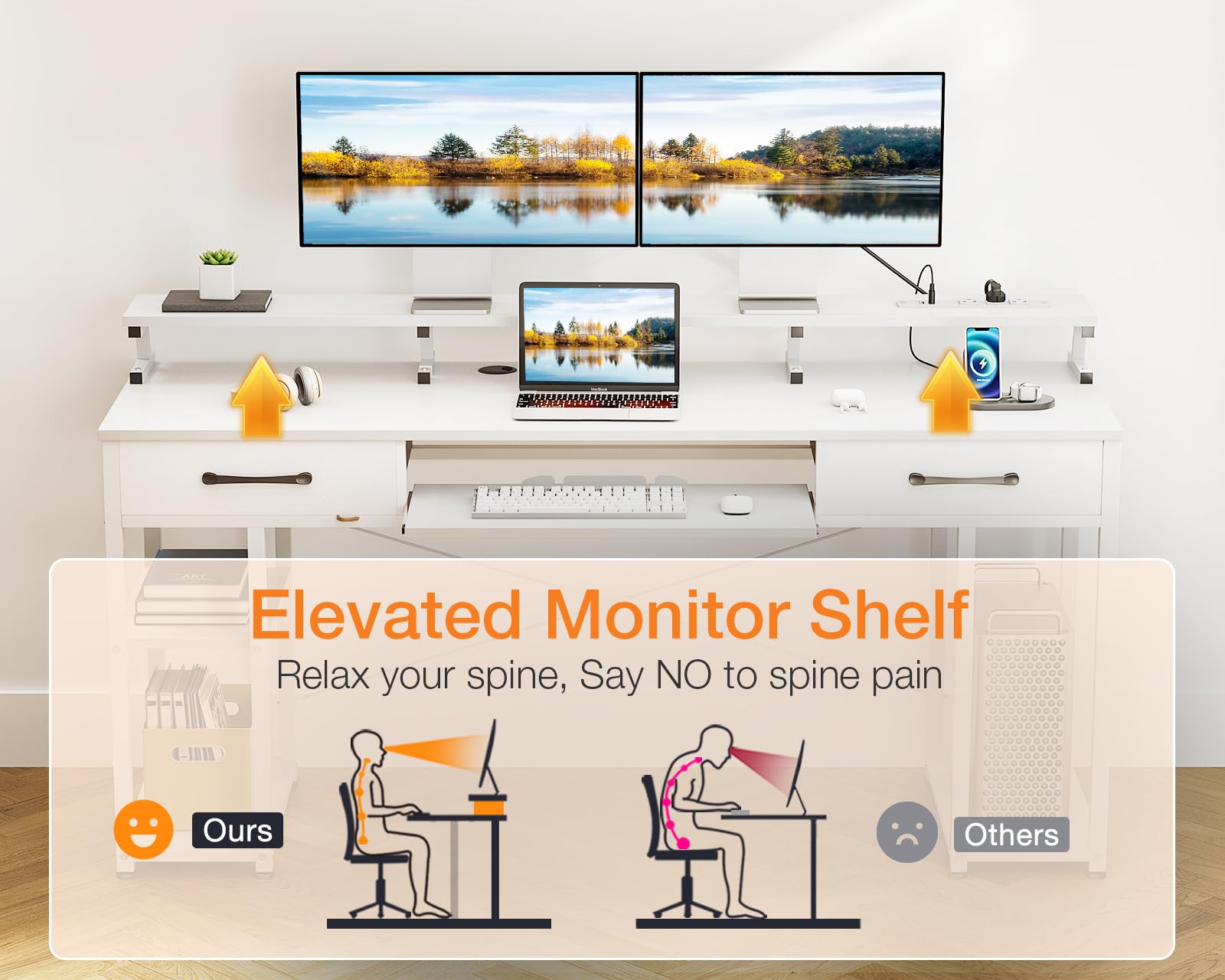 ODK Computer Desk with Drawers, 55 Inch Office Desk with Power Outlet and Keyboard Tray & Storage Shelves & PC Stand, Office Table Work Desk with Monitor Stand, White