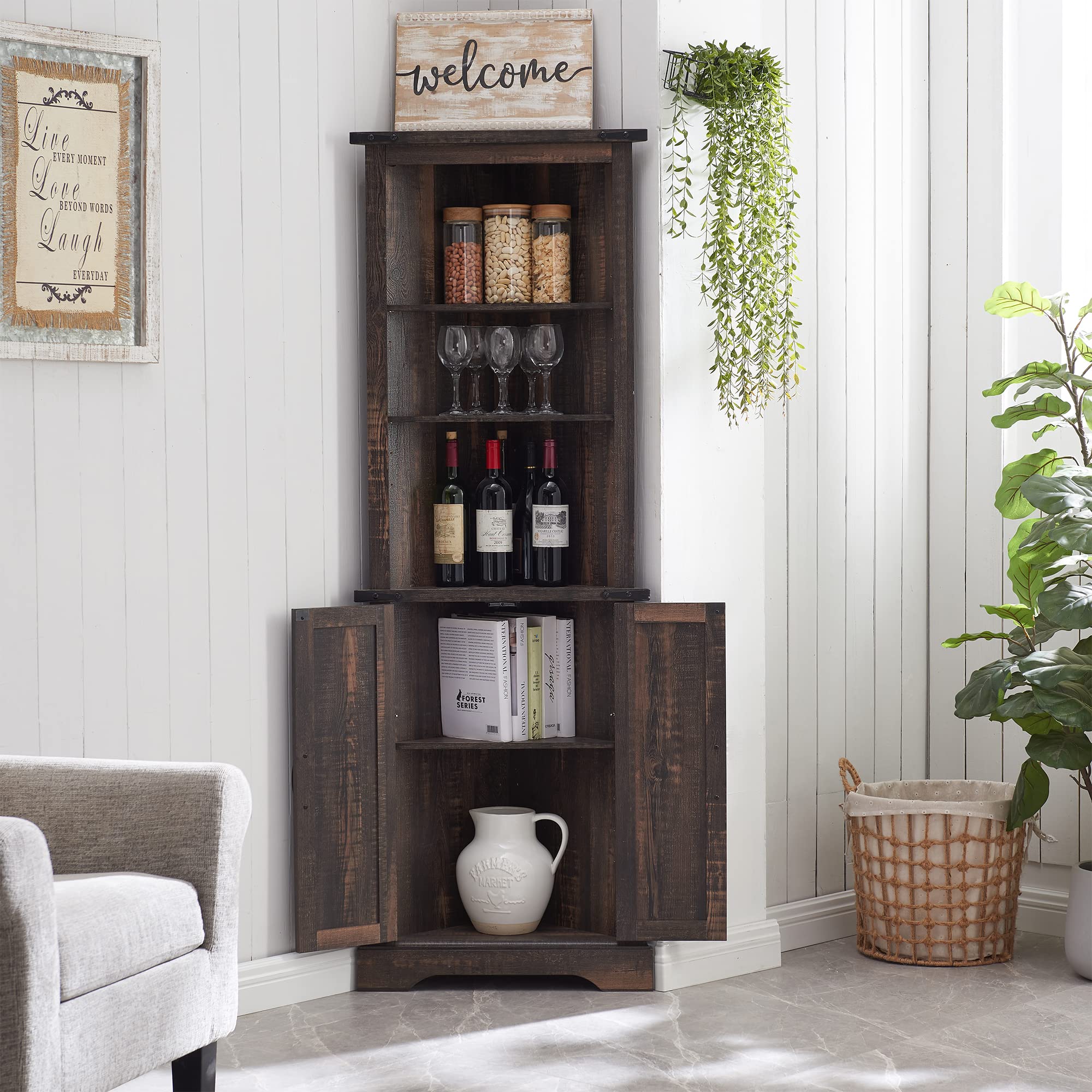 OKD Tall Corner Cabinet, Farmhouse Storage Cabinet with Barn Door Design & Adjustable Shelves, Home Space Saver for Bathroom, Living Room, Dark Rustic Oak