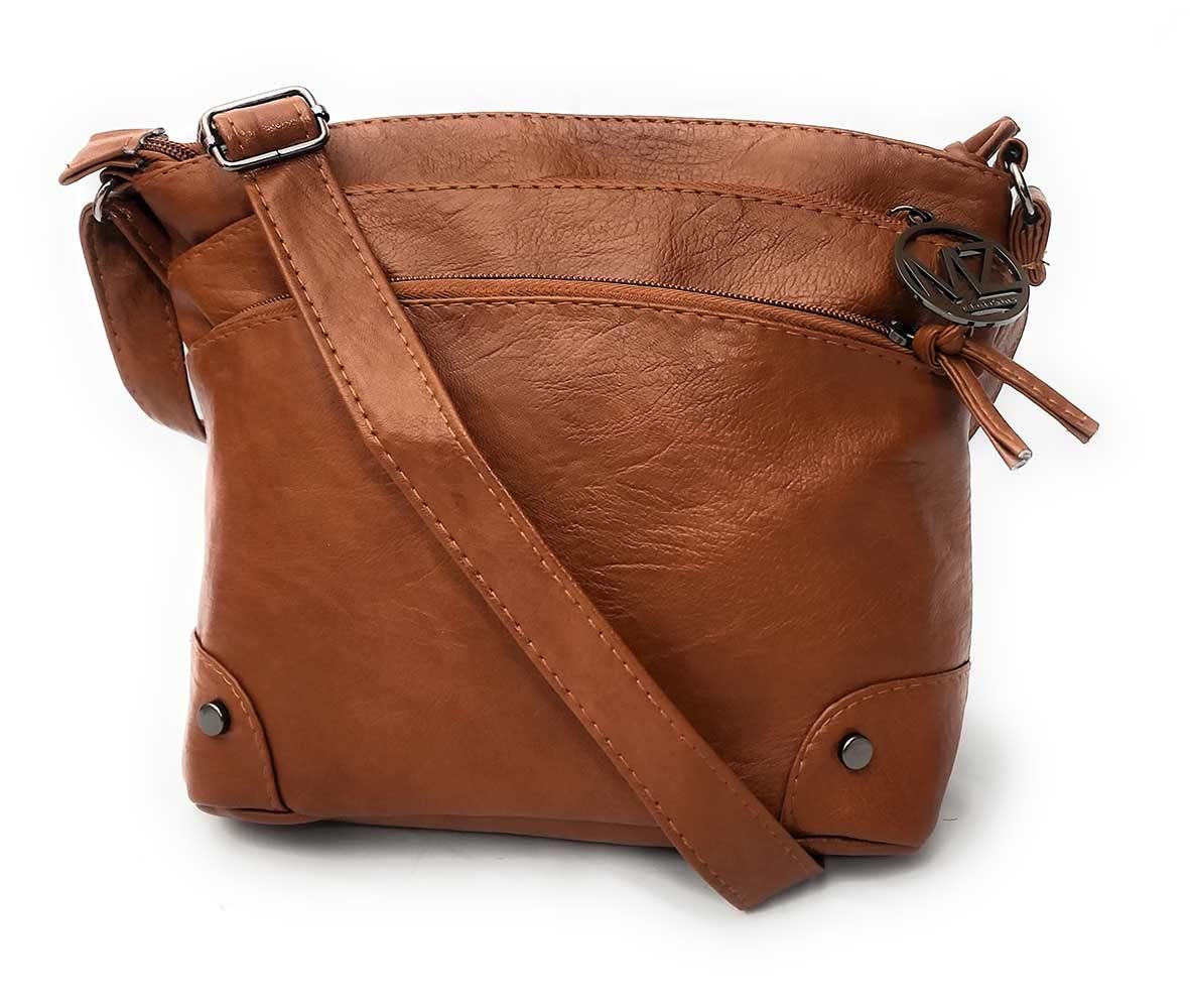 MariaKinz Soft Leather 4 Zipper Pockets Crossbody Purse and Handbag (Brown)