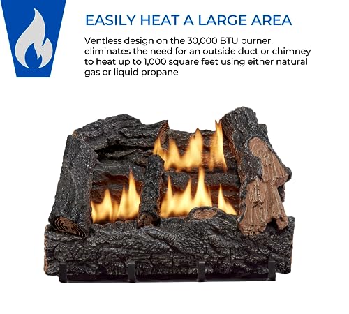 HearthSense VFL18M Dual Fuel Ventless Fireplace Logs Set with Manual Control, Use with Natural Gas or Liquid Propane, 30000 BTU, Heats up to 1000 Sq. Ft, Brown, 18 Inches
