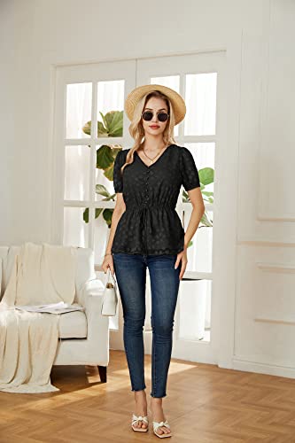 GRACE KARIN Women's Peplum Tops 2023 Summer V Neck Ruffle Short Sleeve Blouse Jacquard Flowy Shirt Tunic Top Black