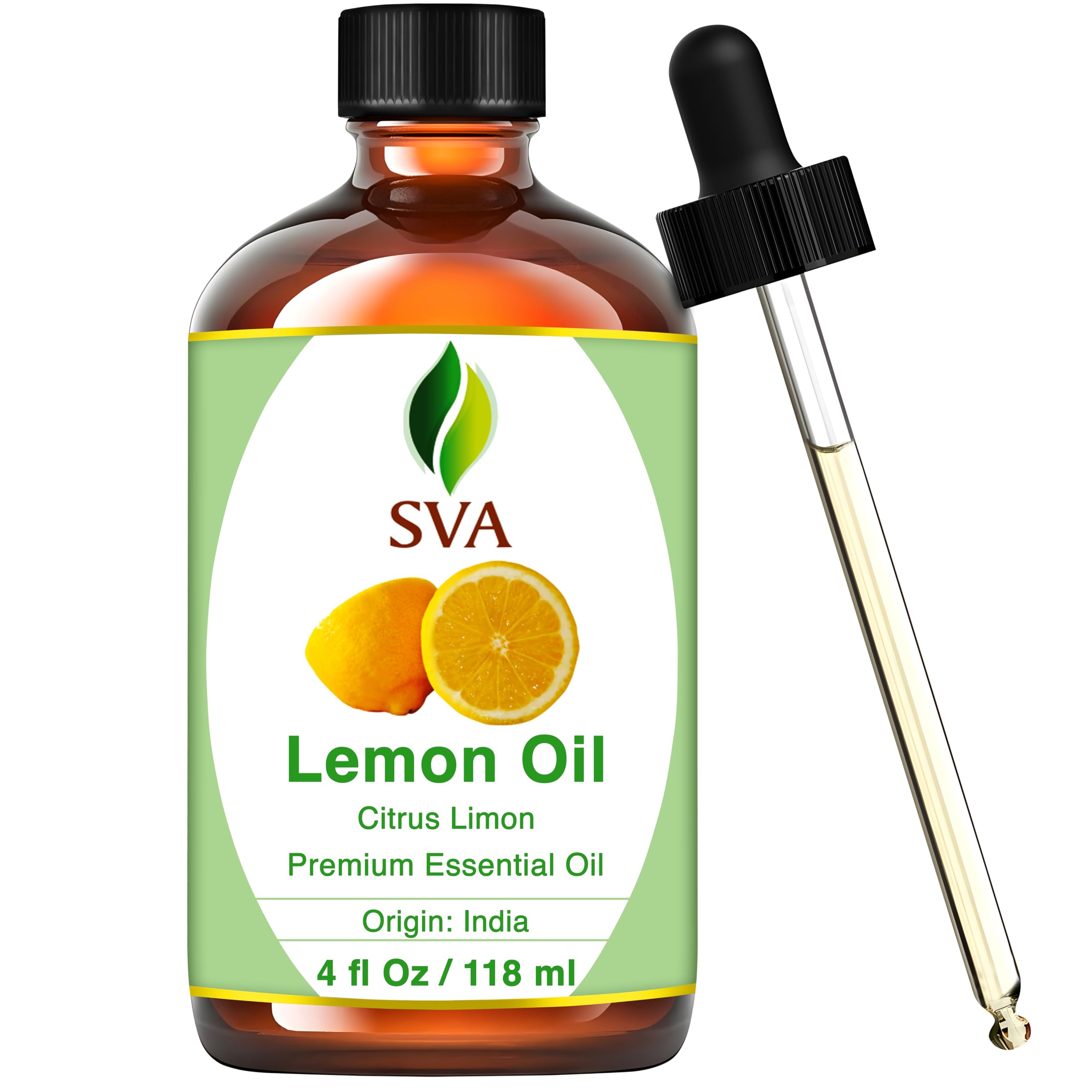 SVA Lemon Essential Oil β 4 Fl Oz β 100% Natural Lemon Oil - for Diffuser, Hair Care, Face, Skin Care, Aromatherapy, Scalp and Body Massage, Soap and Candle Making β with Dropper