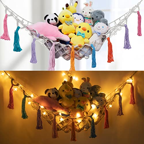 HAUTOCO Stuffed Animal Net or Hammock with LED Light Corner Hanging Net for Stuffed Toy Stuffed Animal Storage Organizer Holder for Nursery Bedroom Play Room Decor