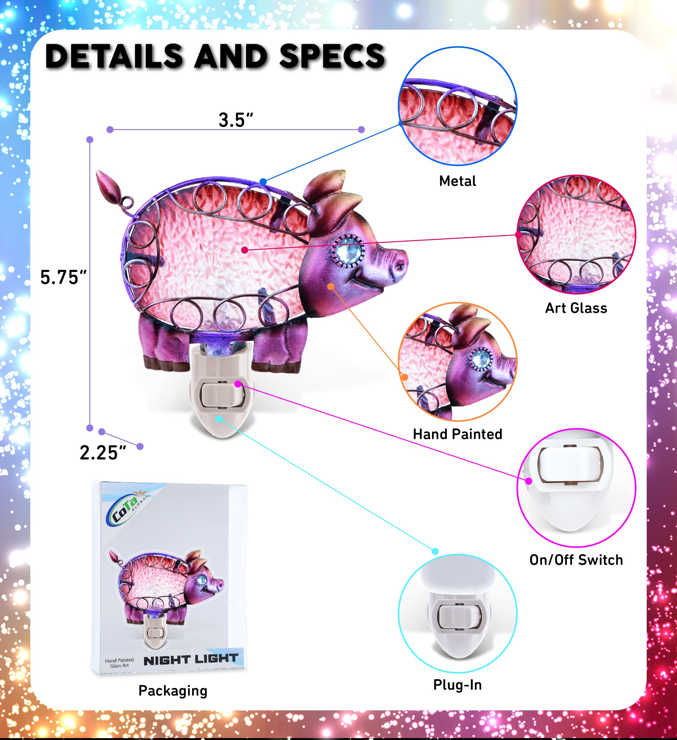 Puzzled Glass Art Night Light, Plug in Decorative Socket Lamp, Manual On & Off Portable Light for Stairway, Bedroom, Bathroom, Nursery, Home Accessory & Kitchen Decor - Pig