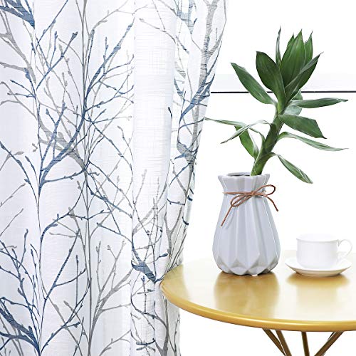 FMFUNCTEX Print Blue White Semi-Sheer Curtain Panels for Bedroom 63β Grey Tree Branch Printing on Linen Textured Window Treatment Set for Living Room Draperies 50βw 2-Pack