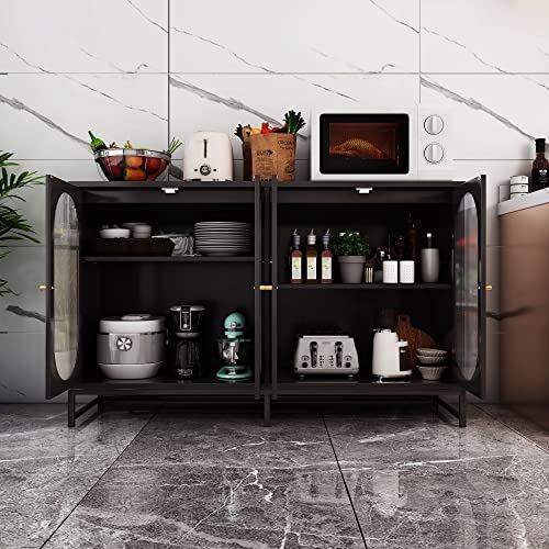 FOKWE Modern Accent Sideboard Cabinet with Glass Doors, Freestanding Storage Cupboard Console Table for Kitchen Dining Living Room Hallway Office,Black