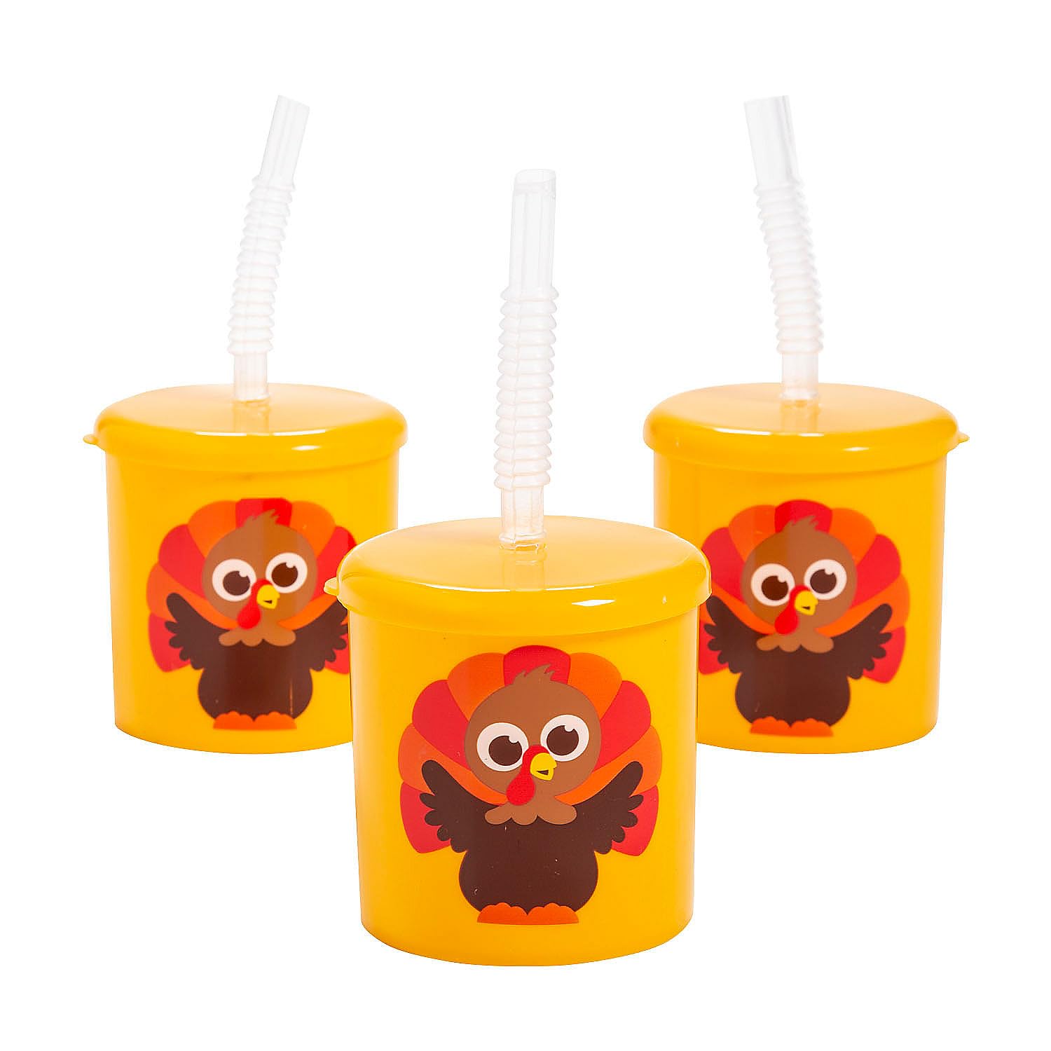 Fun Express Kids' Turkey Reusable Plastic Cups with Lids & Straws - 12 Ct