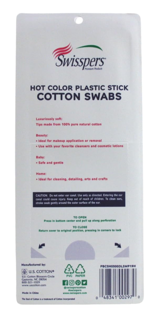 Swisspers Cotton Swabs 500 Count (Hot Color) (6 Pack)