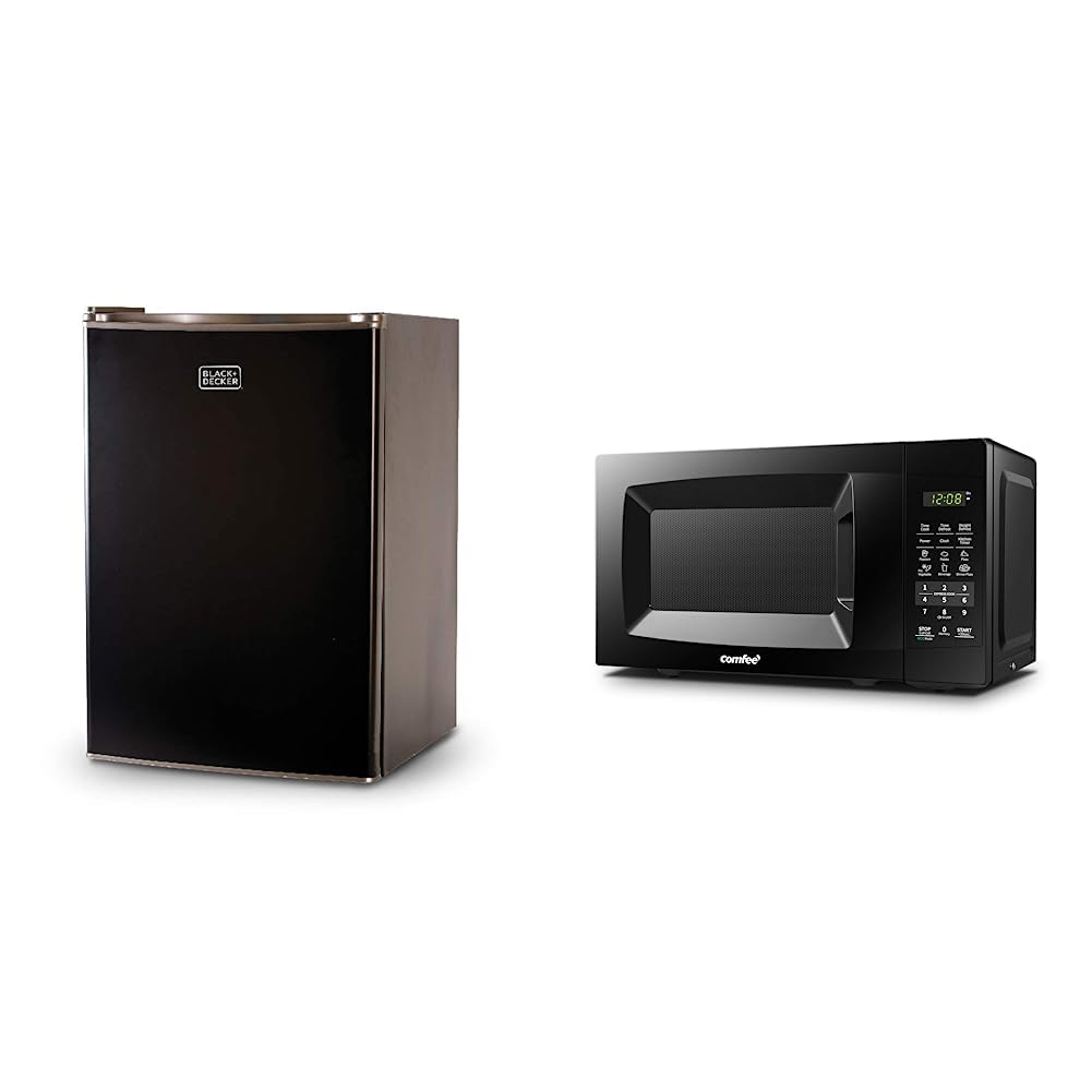 BLACK+DECKER BCRK25B Compact Refrigerator Energy Star Single Door Mini Fridge with Freezer, 2.5 Cubic Feet, Black & COMFEE' EM720CPL-PMB Countertop Microwave Oven with Sound On/Off, ECO Mode and Easy