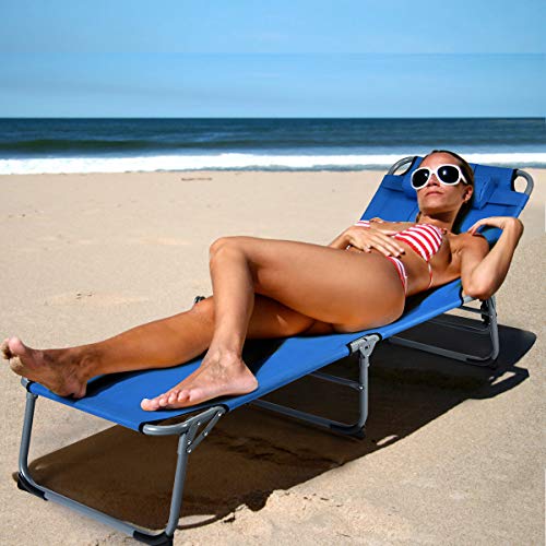 GYMAX Tanning Chair, Beach Lounge Chair with Face Hole, 5 Level Adjustable Backrest, Removable Pillow & Carry Handle, Adult Layout Sunbathing Chair for Outside Beach Poolside Lawn Patio (1, Blue)