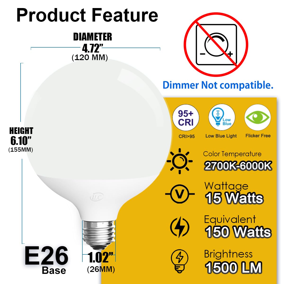 ILC G120 LED Large Globe Light Bulbs 15W, Work with Alexa Required Echo Device, Φ4.72 inch, Color Changing, CCT Color Temprature Turnable 2700K-6000K, CRI>95+, 150W Equivatlent, E26 Base (2 Pack)