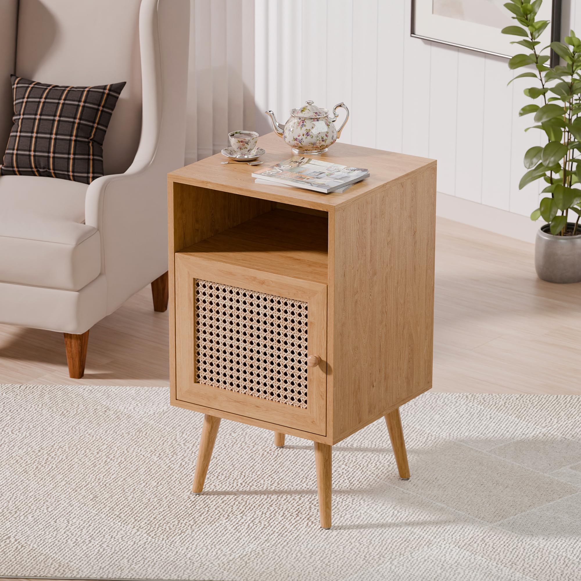 Xilingol Modern Rattan Nightstand, Boho Side Table with Handmade Rattan Decorated Door, Wood Bedside Table with Open Storage Shelf for Bedroom,Natural (no Charging Station, 1)