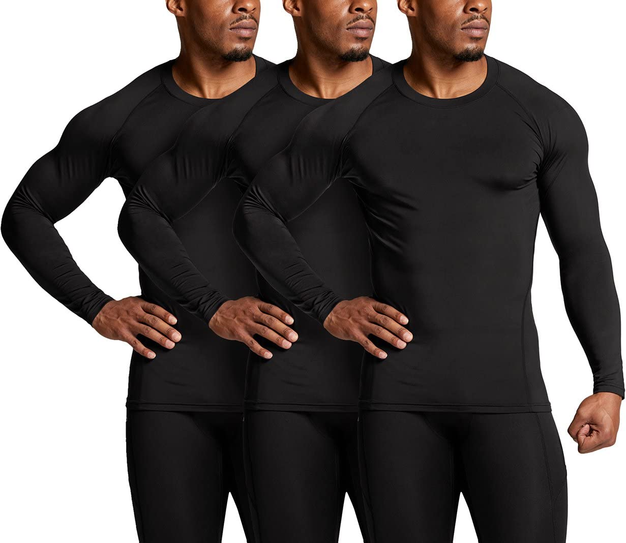 ATHLIO Men's Thermal Long Sleeve Compression Shirts, Winter Gear Sports Base Layer Top, Athletic Running T-Shirt, Active Top 3pack Black/Black/Black, Large