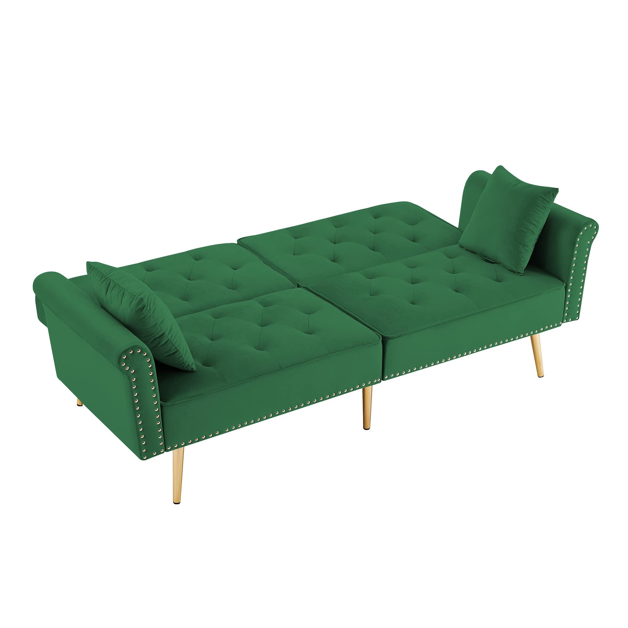 Kakotito Tufted Velvet Sofa Bed Sleeper with 2 Pillows, Luxury Loveseat Couch, Splitback Futon for Living Room & Office, Convertible Futon with Vintage Nailhead Trim and Metal Legs (Green)