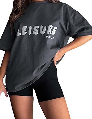 Meladyan Women Leisure Letter Graphic Print Half Sleeve Oversized Tee Shirt Top Crewneck Summer Loose Casual Tshirt Tops Grey
