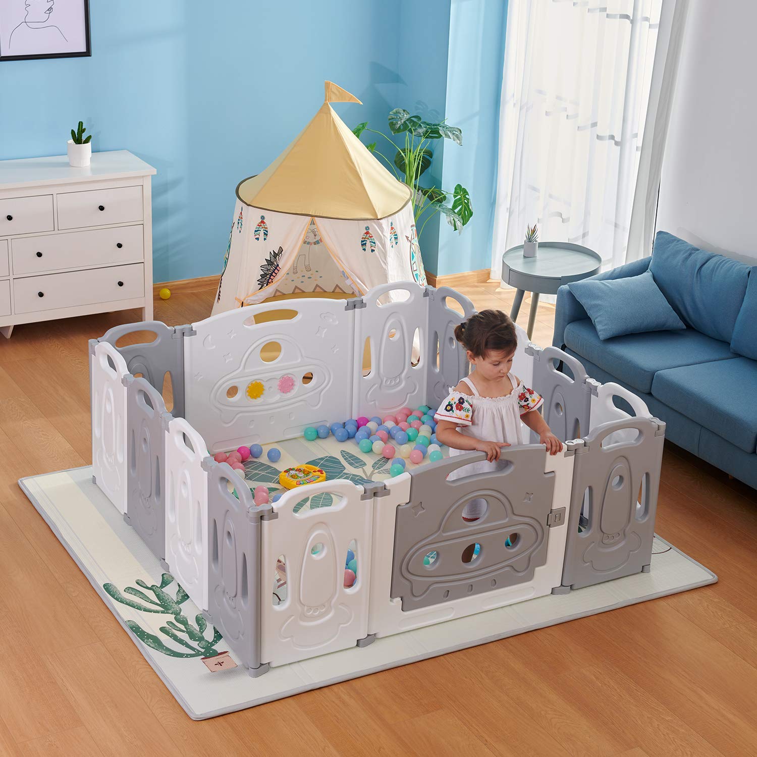 Baby Playpen Kids Activity Centre Safety Play Yard Home Indoor Outdoor New Pen (Multicolour) (Grey White)