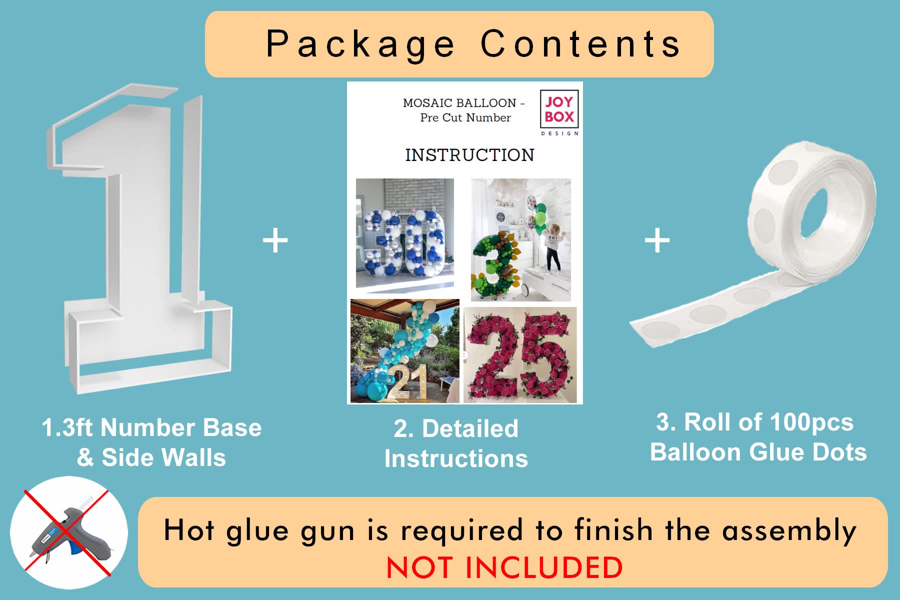JoyBox Design 3FT Mosaic Balloon Frame Number 1 Light Up Numbers Pre-Cut Kit Thick Foam Board Decoration for Birthdays Anniversary Baby Shower
