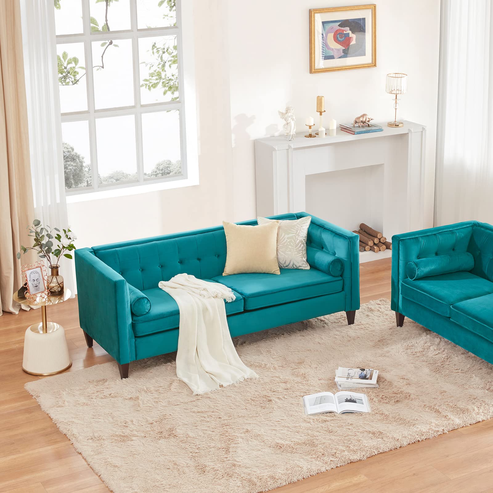 Dreamsir 78'' W Velvet Sofa, Mid-Century Love Seats Sofa Furniture with Bolster Pillows, Button Tufted Couch for Living Room, Tool-Free Assembly (Sofa, Peacock Blue)
