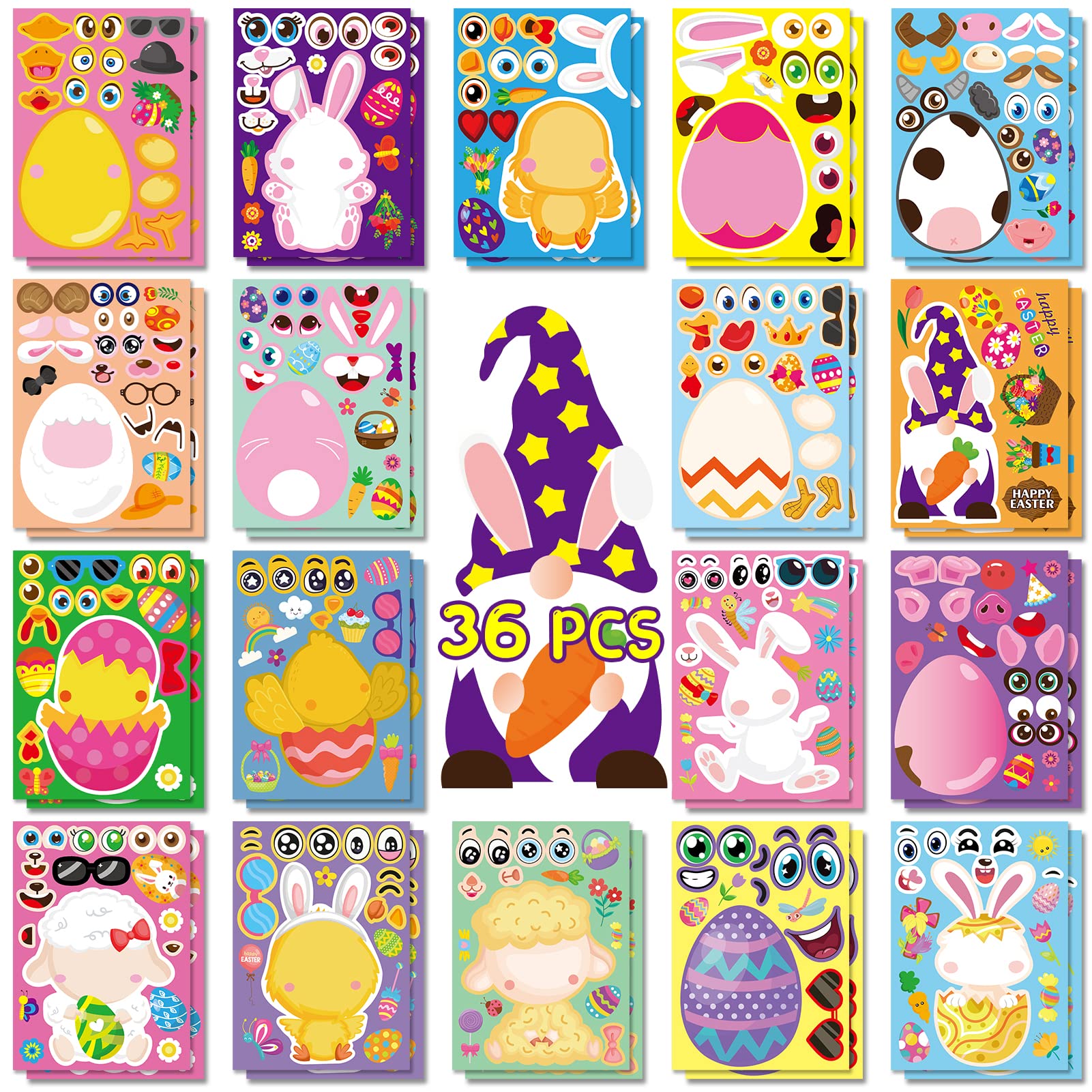 AOLDHYY 36 PCS Easter Make Your Own Stickers Mix and Match Stickers with Chick Bunny Egg Sheep Easter Stickers for Kids Party Favors Supplies Easter