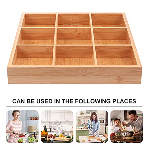 DOITOOL Serving Tray with 9 Compartments - Wooden Tray Divided Tray for Serving Food - 13in Square Tea Tray Food Tray for Hot Pot, Fast Food, Breakfast, Tea Coffee Table Christmas
