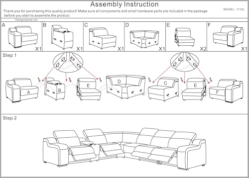 BlackJack Furniture Ibero 7-Piece Italian Leather Sectional Reclining Sofa Set with 4 Power Recliners, Adjustable Headrests, USB and Wireless Phone Charger, and Console Storage, White