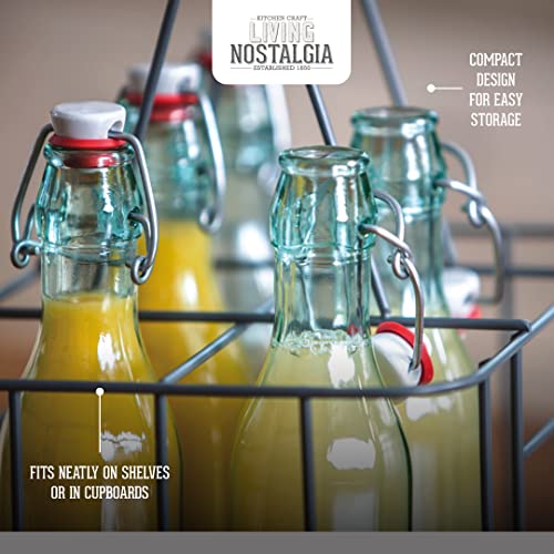 Kitchen Craft Living Nostalgia Milk Bottle Holder Doorstep, Milk Crate, Wire Metal with Wooden Handle, 29 x 20 x 13cm, Grey