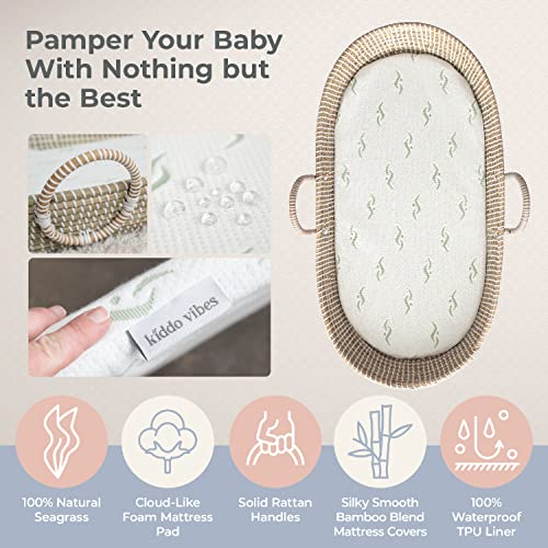KIDDO VIBES Handwoven Baby Changing Basket with Pad & 3 Waterproof Bamboo Jacquard Covers - Multifunctional CPSC Compliant Organic Seagrass Baby Moses Basket with a Soft Thick Waterproof Changing Pad