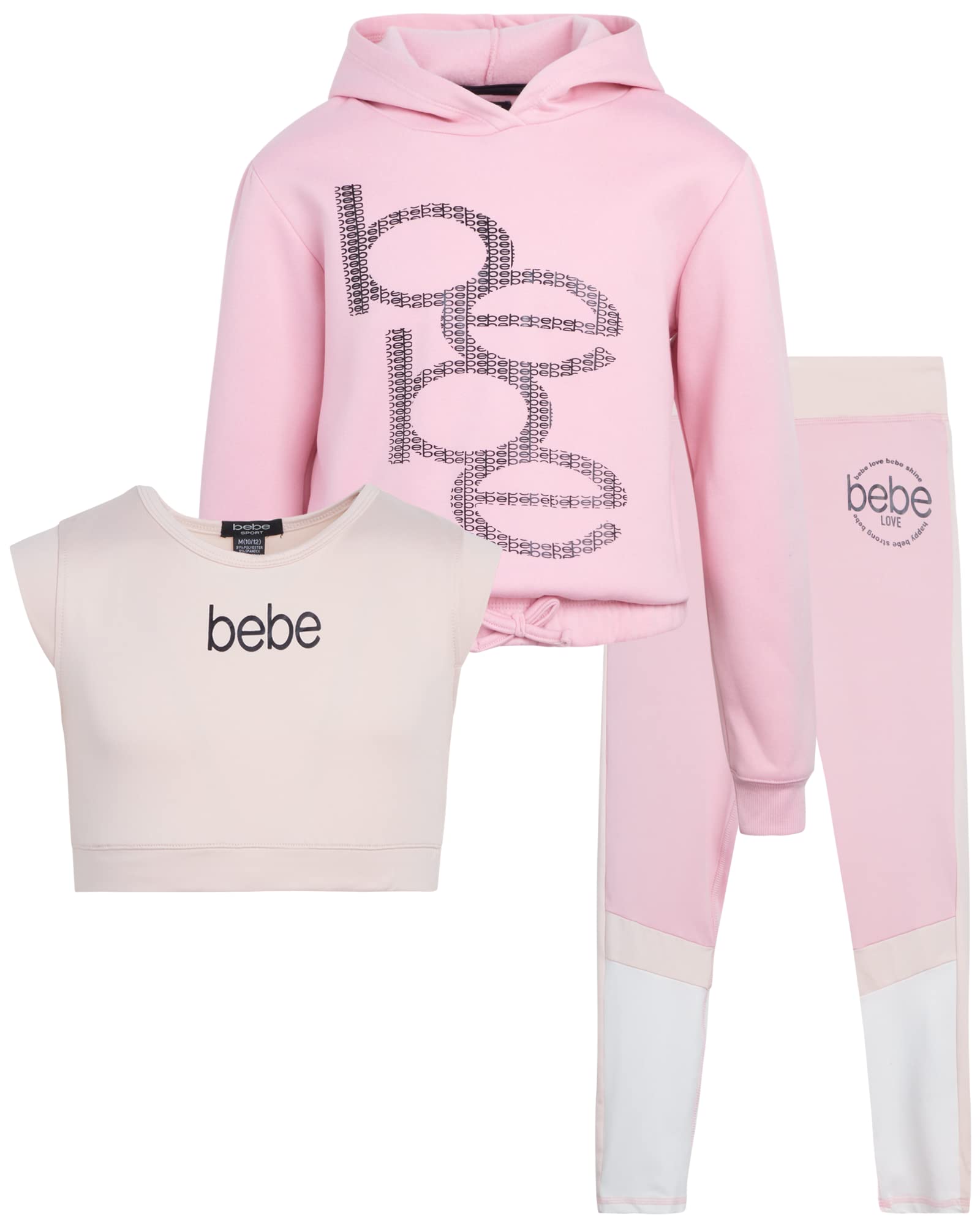 bebe Girls' Workout Set - 3 Piece Performance Fleece Sweatshirt, Leggings, and Sports Training Bralette Set (7-12), Size 10-12, Orchid