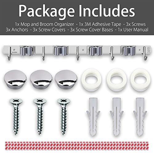 Garnen Mop and Broom Organizer (4 Racks 5 Hooks), Heavy Duty Broom Wall Mount Rake Holder Stainless Steel Tool Hanger for Home, Kitchen, Garage, Garden, Laundry Room, Bathroom Organization and Storage