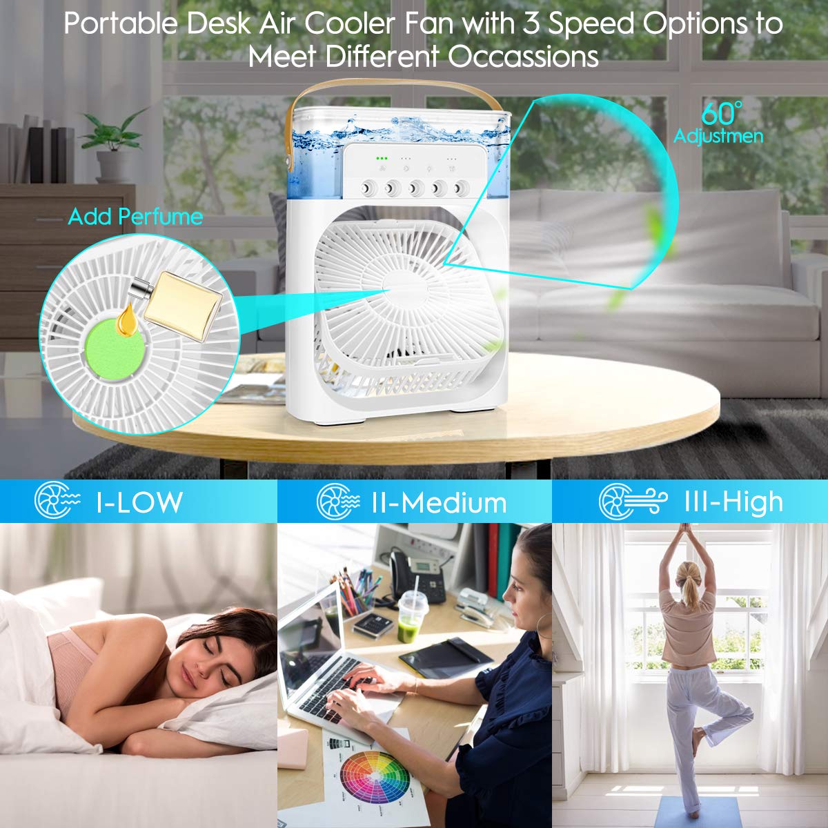 Portable Air Conditioner Fan,900ML Personal Air Conditioner with Ice Tray,5in1 Timming Evaporative Air Cooler,Cooling Fan with 7 Colors Light, 5 Sprays,3 Speeds,Ac Fan for Small Room,Office,Car,Camp (White)