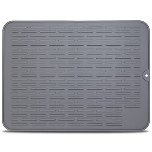 MENTBERY Dish Drying Mat, Silicone Dish Drying Mat for Kitchen Counter, Heat Resistant Non-slip Dish Mat Drying Kitchen Mat 16x12 Inch, Gray