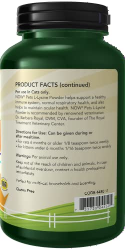 NOW Pet Health, L-Lysine Supplement, Powder, Formulated for Cats, NASC Certified, 8-Ounce