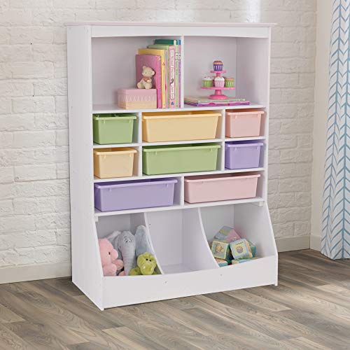 KidKraft Wooden Wall Storage Unit with 8 Plastic Bins and 13 Compartments - White, Gift for Ages 3+ and Nantucket Kid's Wooden Table & 4 Chairs Set with Wainscoting Detail, Pastel, Gift for Ages 3-8