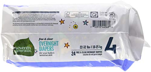 Seventh Generation Baby Overnight Diapers, Free & Clear, Stage 4, 22-32lbs, 24 count (Packaging May Vary)