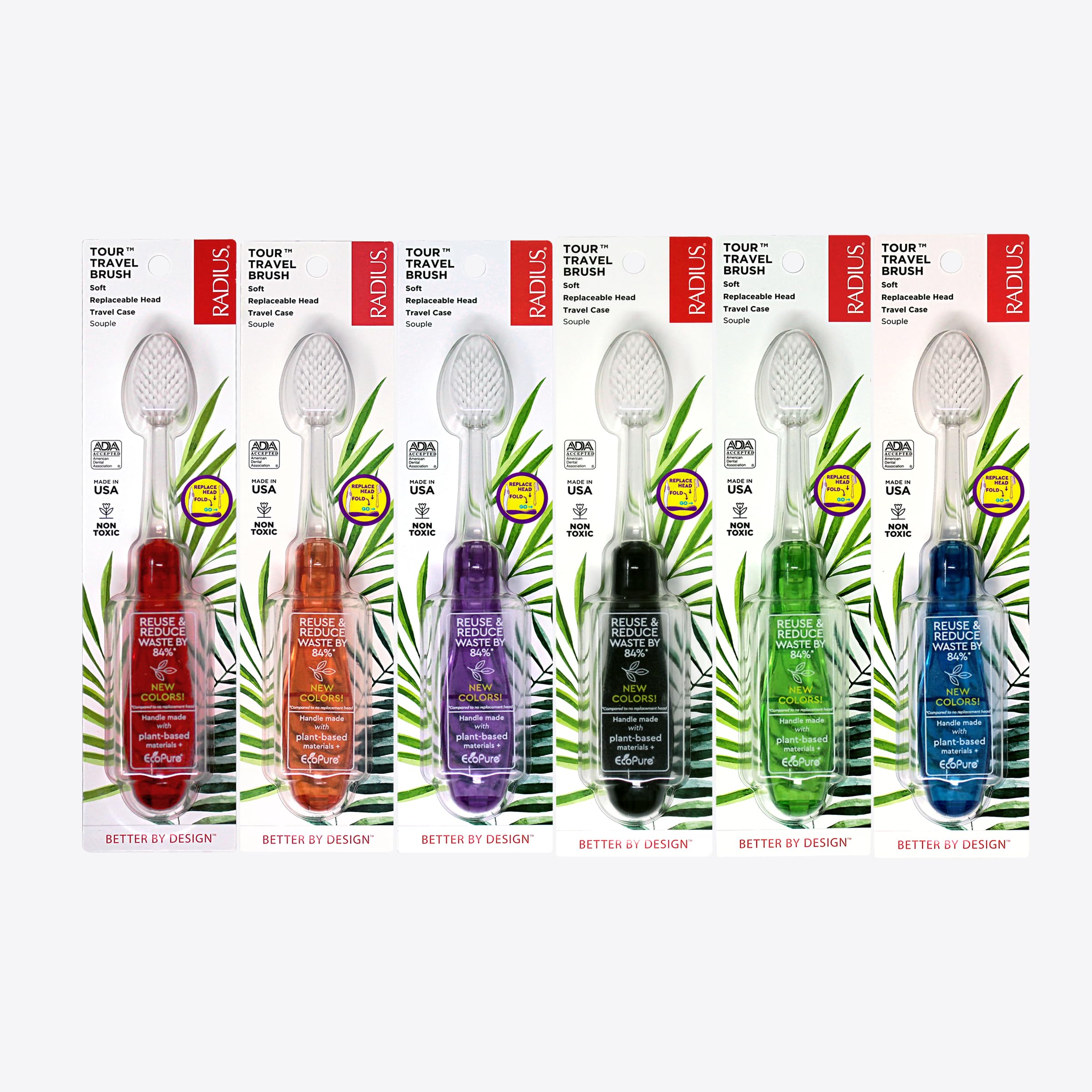 RADIUS Tour Travel Brush & Case with Replaceable Brush Head ADA Accepted Toothbrush Improve Gum Health - Assorted Colors - Pack of 6