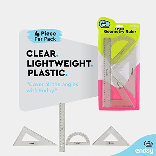 Geometry Plastic Ruler Set, Clear 12 inch/ 30 cm Straight Ruler, Triangle Rulers, Protractor Ruler Tool Set, Transparent School and Office Supplies Math Rulers for Kids and Adults, Set of 4 β By Enday