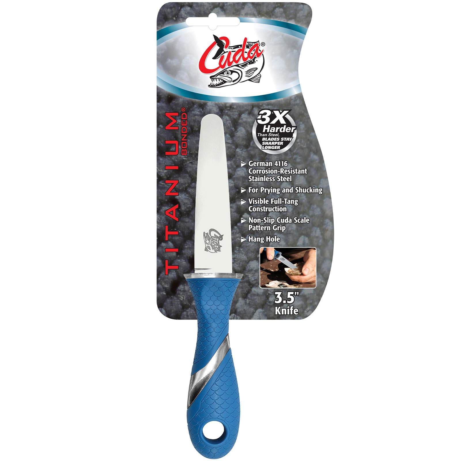 CUDA 3.5" Shucking Knife | Titanium Bonded Rust & Corrosion Resistant Stainless Steel Oyster Prying & Shucking Tool with Non-Slip Scale Pattern Grip