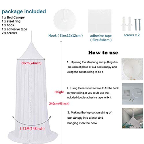 Kids Bed Canopy with Pom Pom Hanging Net for Baby Crib Nook Castle Game Tent Nursery Play Room Decor,White